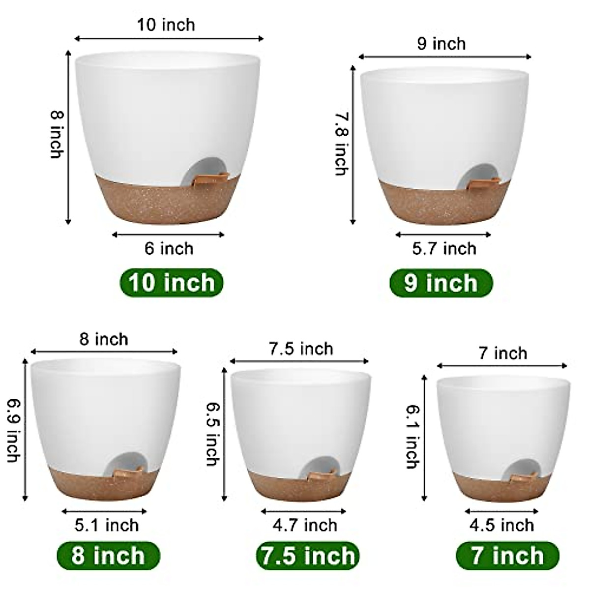 QRRICA Plant Pots 10/9/8/7.5/7 Inch Self Watering Pots, Set of 5 Plastic Planters with Drainage Holes and Saucers,Plastic Flower Pots,Nursery Planting Pot for Indoor Out Door Plants（White）