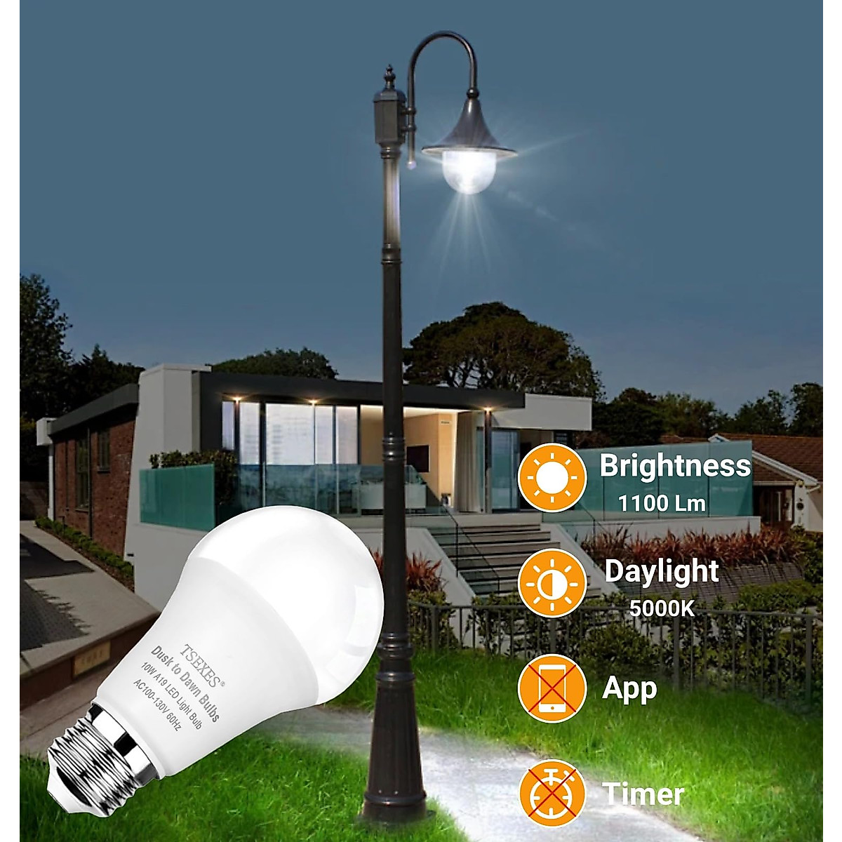 TSEXES Dusk to Dawn Light Bulbs Outdoor,Automatic On/Off Sensor LED Light Bulb,5000K Daylight LED Light Bulb for Wall lamp Porch Garage Light,4 Pack