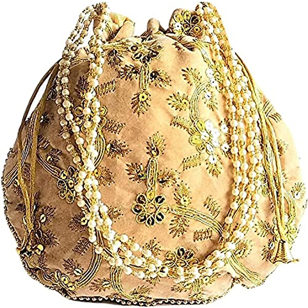 Eyesart Fashion Potli Bag For Women Ethnic Designer Embroidery Ethnic Velvet Potli bag Ladies Handbag Purse for Bridal Party wedding and Gifting Batwa Pearls Handle With Intricate (Cream)