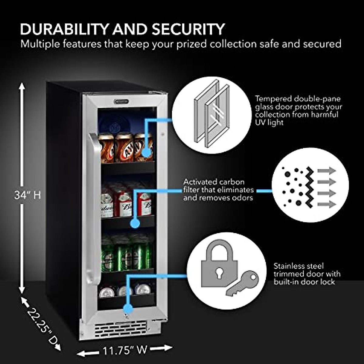 Whynter BBR-638SB Stainless Steel 12 inch Built Undercounter Beverage Refrigerator with Reversible Door, Digital Control, Lock and Carbon Filter, 60-Can