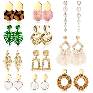 LOLIAS 11Pairs Clip On Earrings for Women,Bohemian Statement Earrings Geometric Rattan Tassel Hoop Heart Pearl Dangle Earrings Palm Leaf Dangle Earrings Tropical Clipon Earrings Non Piercing