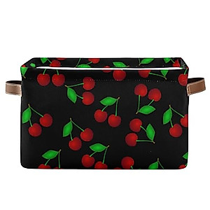 Cherry Black Storage Basket Bins Decorative Toy Organizer Bins Laundry Hamper Baskets with Handles for Bedroom Office Clothes Pet Nursery Living Room,1 pcs