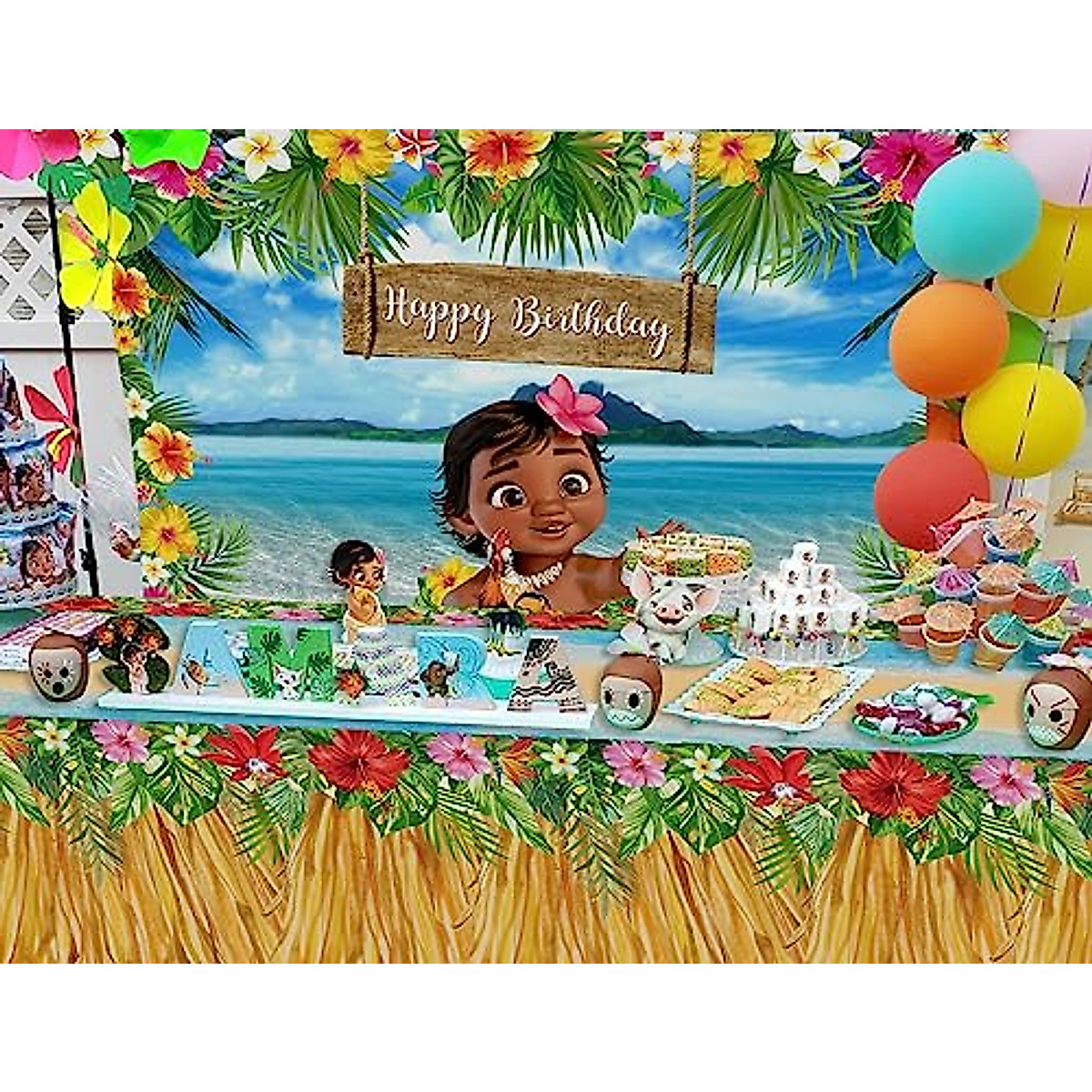 Summer Beach Baby Moana Backdrop and Tablecloth 86x52 inch Maui Palm Leaves Flowers Cake Table Decoration Girls Princess Moana Birthday Photo Background Baby Shower Party Supplies (7x5ft)