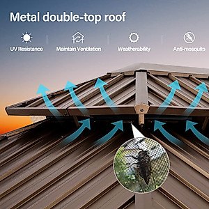 LAUSAINT HOME 12x16 ft Metal Gazebo with Curtains and Nettings for Patios, Waterproof Permanent Heavy Duty Metal Double Roof Pavilion with Brown Aluminum Frame for Lawn, Party