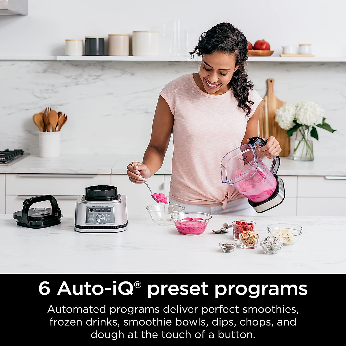 Ninja SS201 Foodi Power Pitcher 4in1 Smoothie Bowl Maker Crushing Blender Dough Mixer Food Processor 1400WP smartTORQUE 6 Auto-iQ presets, with a Stainless Silver Finish (Renewed) (Ninja SS201)