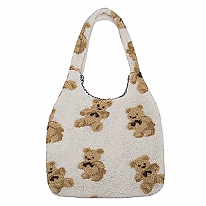 Nanwansu Women Canvas Tote Cute Bear Plush Shoulder Bag Girls Fluffy Tote Bag Furry Handbag Purse Large Faux Fur Shopping Dating Bag Beige