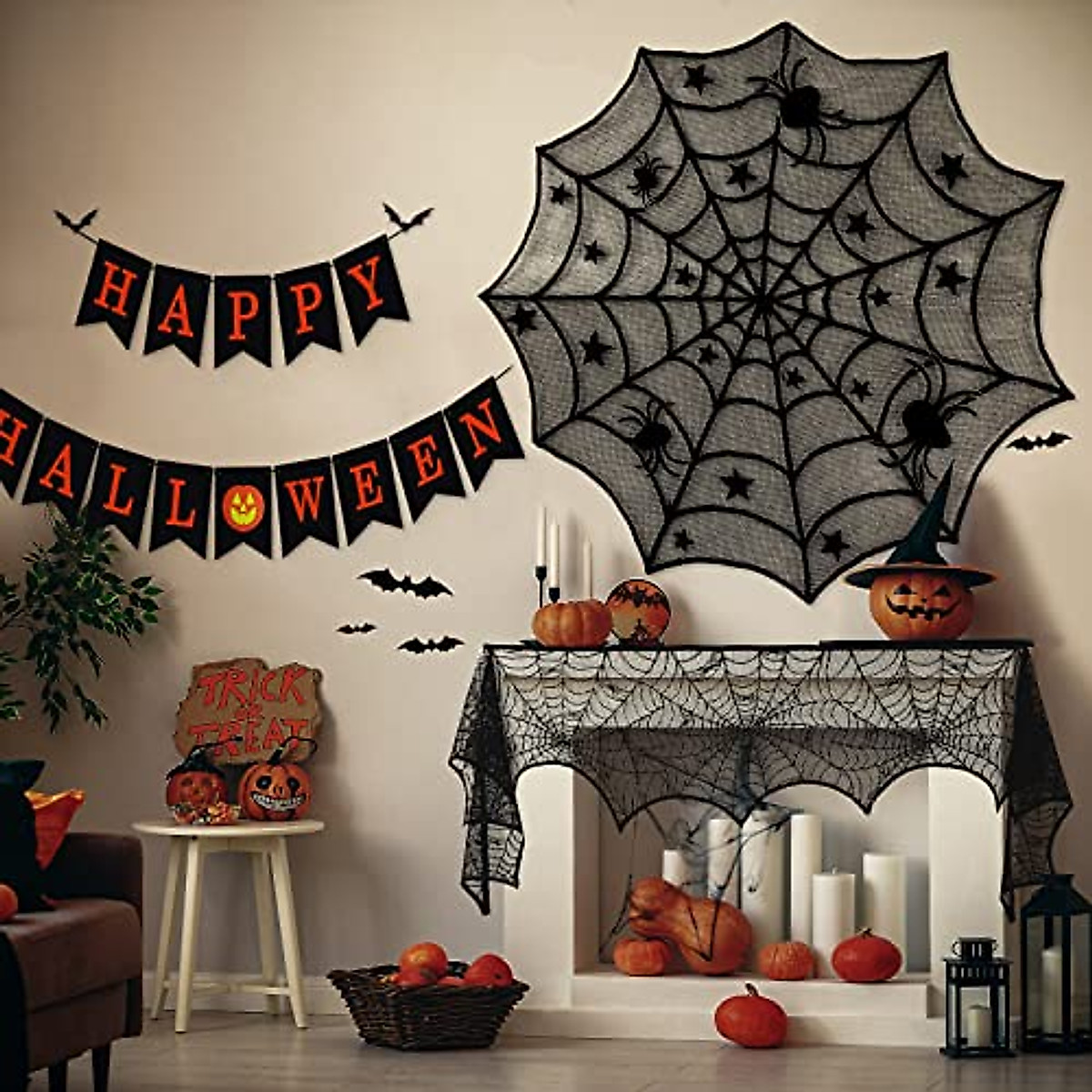 Pleaseedo Halloween Decorations Indoor Sets, Halloween Fireplace Mantel Scarf, Halloween Banner, Halloween Table Runner, Halloween Tablecloth Round Lace, Scary 3D Bat Halloween Decors