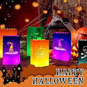 Meanplan 48 Pcs Halloween Luminary Bags with LED Light Candles Set 24 Pcs Luminary Candle Bags 24 Pcs LED Tealight Candles Ghost Lantern Bags for Halloween Outdoor Indoor Patio Decorations (Novel)
