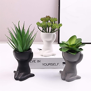 DIYOMR Cute Humanoid Ceramic Planter Pot, 4.3” Black Doll Small Succulent Bonsai Pots Cactus Container Creat Design for Home Office Desktop Decor, Not Include Plants (Black B)