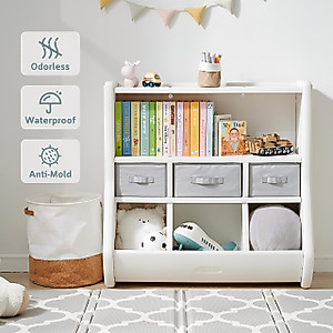 The Montessori Toy Storage Organizer by Fortella, with Bookshelf, Display Shelf, 3 Large Bins, and 3 Removable Drawers, Made of BPA and Formaldehyde FREE HDPE, Safe and Modern Toy Box Cabinet for Kids
