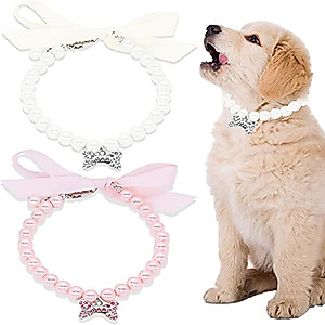 2 Pcs Pearl Dog Collars Pet Pearl Necklace Fancy Cat Wedding Collar Jewelry with Rhinestone Bone Personalized Dog Collars Pet Wedding Collar Dog Wedding Dress for Puppy Dogs Pets Cats