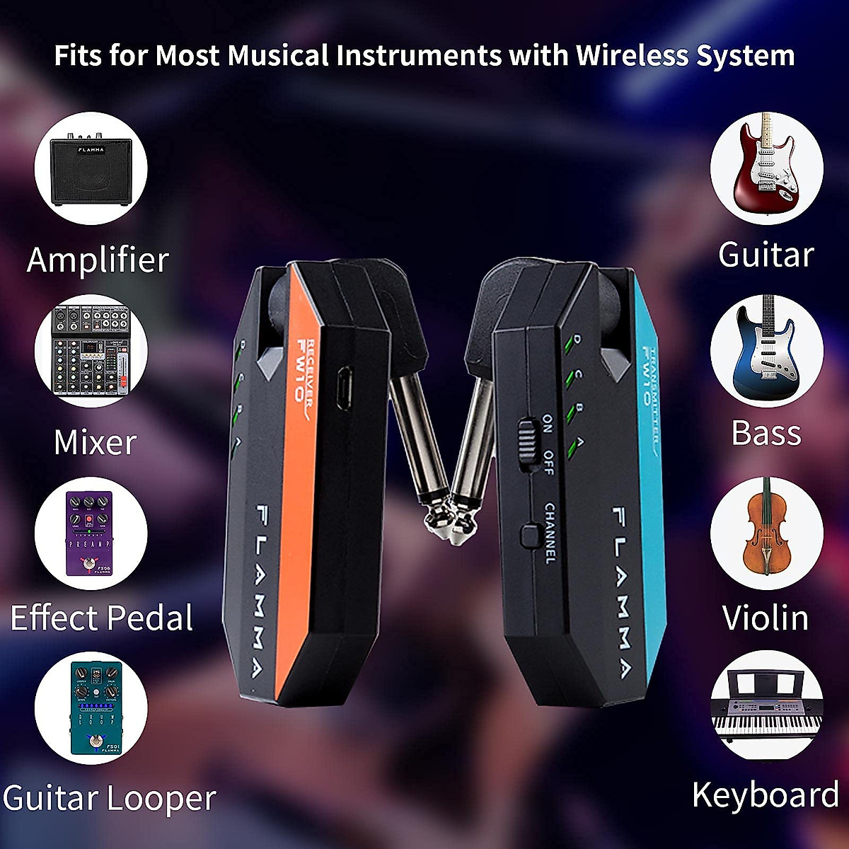 FLAMMA FW10 Digital Wireless Guitar System 2.4GHZ Rechargeable Transmitter Receiver Support 4 Channel For Electric Guitar Bass Violin Keyboard