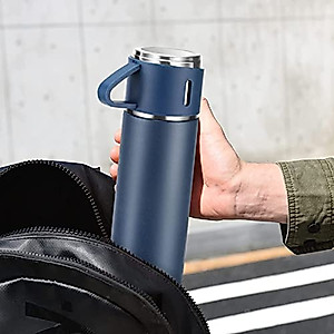Coffee Thermos Stainless Steel Vacuum-Insulated Water Bottle, 500ml/16.9oz Insulated Bottle with Cup for Hot & Cold Drink Travel Mug (Blue, Three Cup)