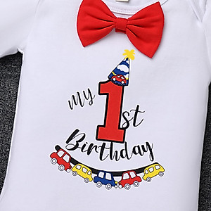 Baby Boy First Birthday Cake Smash Outfit My 1st Birthday Party Photo Shooting Props Gentleman Bow Tie Cotton Short Sleeve Romper Bodysuit Y-Back Suspenders Shorts Pants 3pcs Set Red 12-18 Months