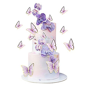 Cyodoos 30pcs Purple Gold Edge Mixed Size Lively 3D Butterfly Cupcake Topper for Girls Women's Happy Birthday Wedding Party Cake Wall Party Food Decorations