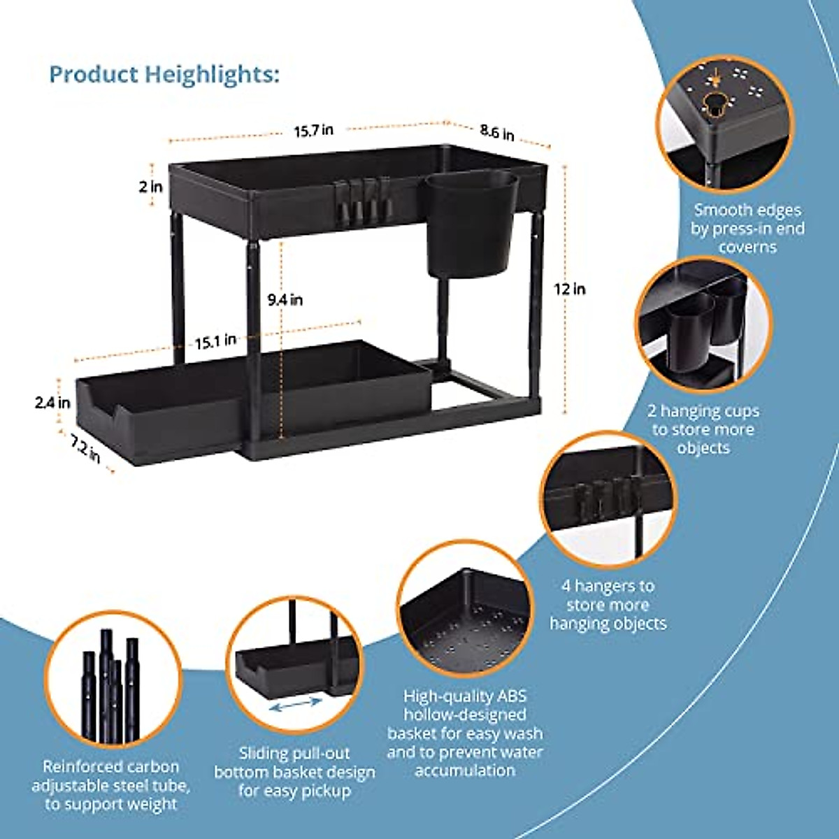 evismo 2-Tier Under Sink Organizer, Bathroom & Kitchen Multipurpose Cabinet Storage, with Pull-out Sliding Drawer, Hooks & Hanging Cups, Adjustable Height, Cabinet Organizer, Black