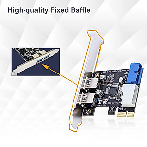 PCI-E to USB 3.0 PCI Express Card, 5 Gbps 2-Port PCIe to USB Expansion Card Adapter with Front 19PIN Power Connector Interface for Desktops