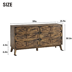 Fameill 59'' Farmhouse 6 Drawers Dresser, Wide Wood Dresser TV Stand, Storage Cabinet with Metal Handles and Generous Storage Space, Dresser for Bedroom, Closet, Hallway, Rustic Brown
