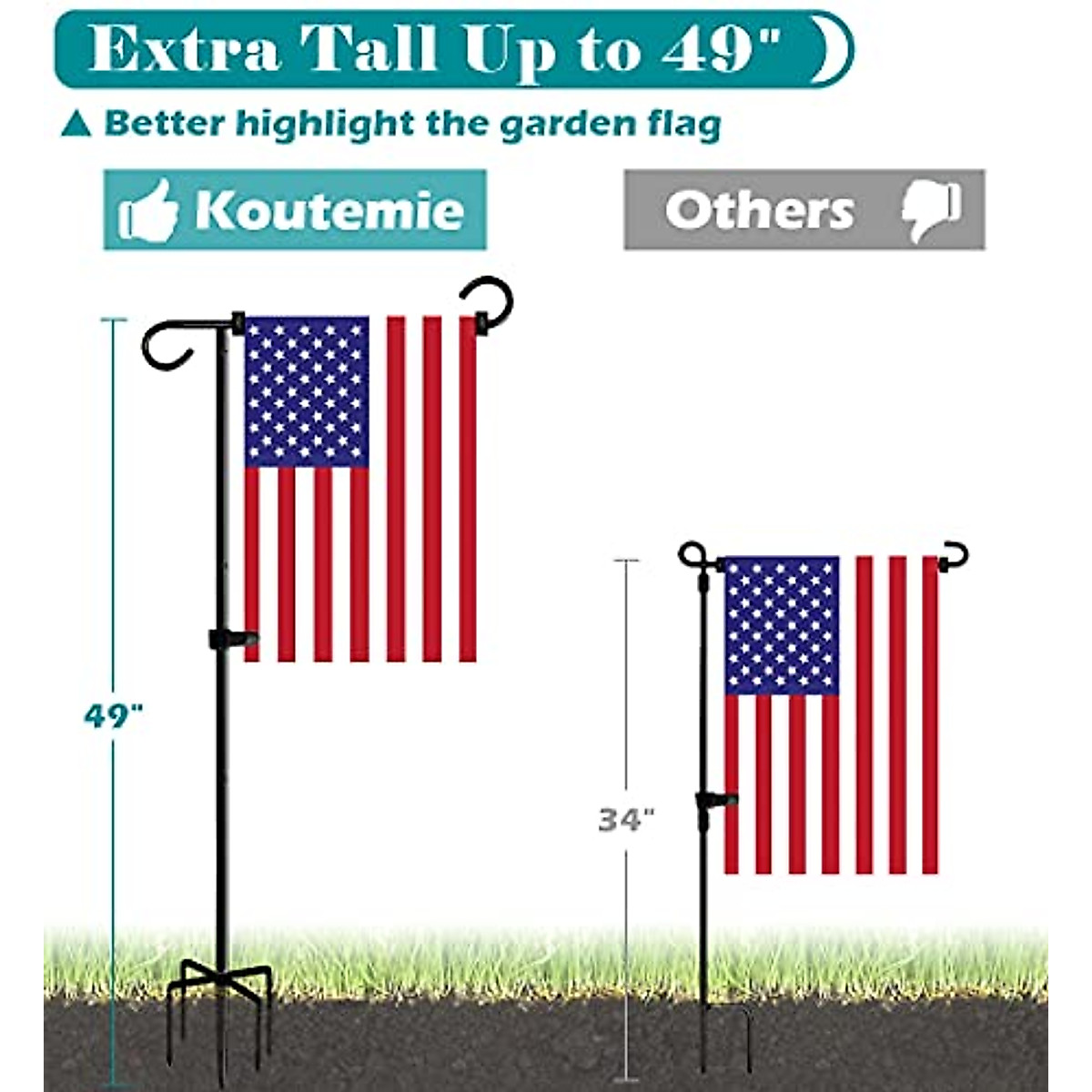 Koutemie 49 Inch Extra Tall Garden Flag Stand Holder Pole with 5 Prong Bases for 12 x 18 Outside Fall Yard Flags Décor, Matte Black