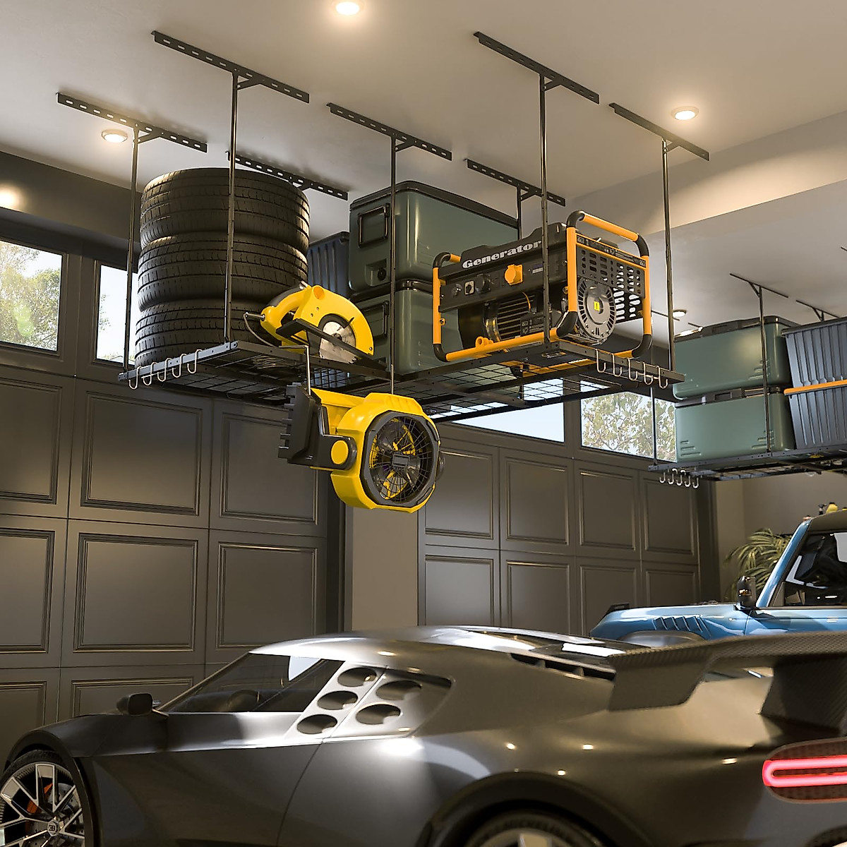 Besiost 32 Inches L Shaped Overhead Storage Rack, Height Adjustable Garage Storage Organization System, Heavy Duty Reversible Garage Ceiling Storage Rack for Garage, Warehouse, Load 700LBS