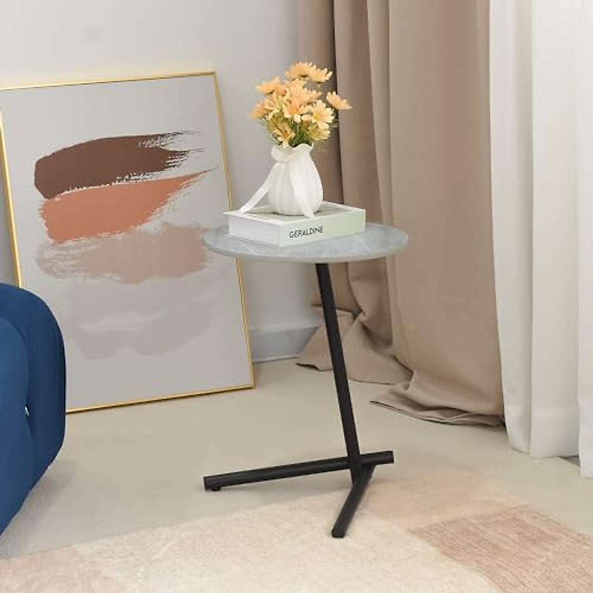 JACH Simplify Round Pedestal Accent Side Table, Minimalist Rock Board Side Table for Living Room, Bedroom, Suitable for Pairing with Sofas, 21" x 17" x 16", (Grey)