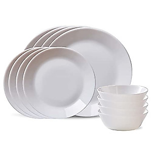 Corelle MilkGlass 12-Piece Dinnerware Set, Service for 4, Lightweight & Chip Resistant Dinner Dessert Plate & Soup/Cereal Bowl, White