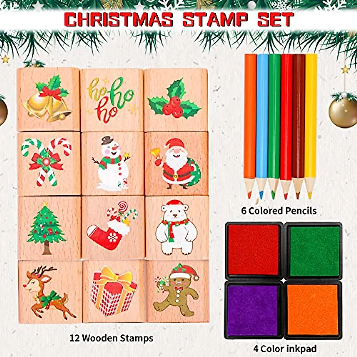 Zayvor Christmas Stamps Set, Wooden Rubber Stamp with Ink Pad Colored Pencil, Holiday Square Craft Stamp for Stamping Scrapbooking Crafting Booking Card Making Stocking Filler,Christmas Favor Gift