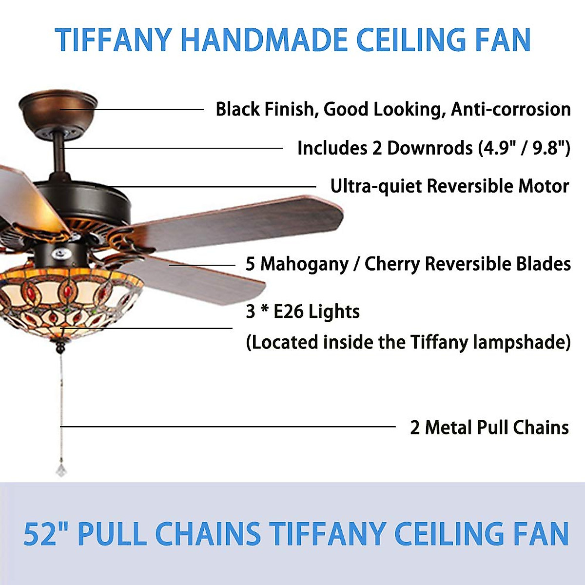 52-Inch Black Ceiling Fan With Tiffany Light