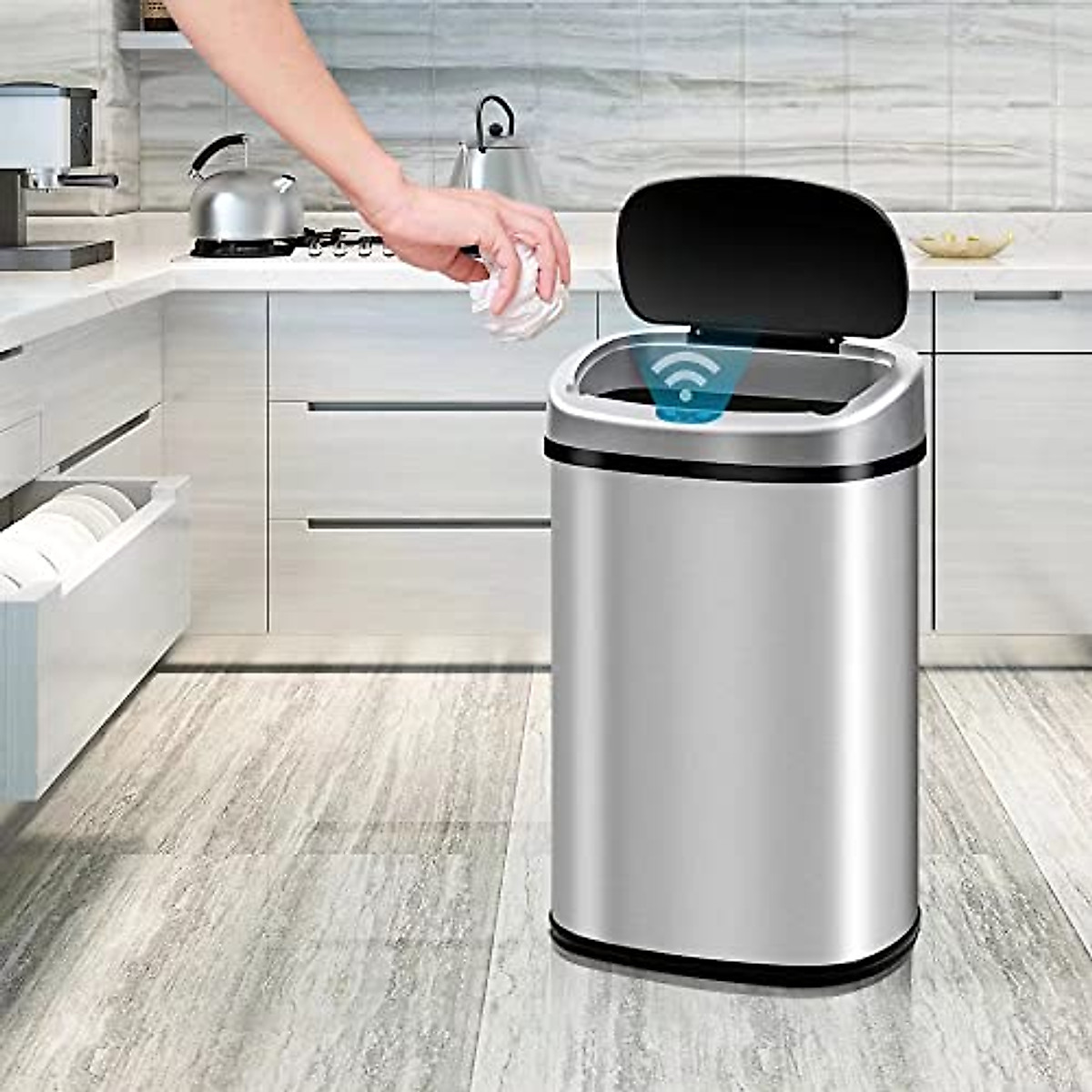 Automatic 13 Gallon Kitchen Stainless Steel Touch Free Trash Can with Lid High-Capacity Waste Bin with Ring Garbage Can for Home Kitchen Bathroom Bedroom Office