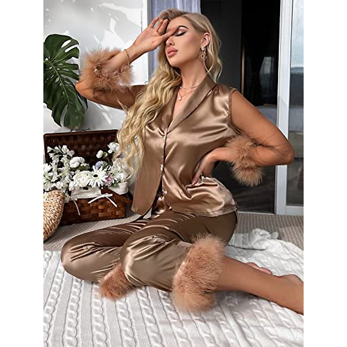 WDIRARA Women's Satin Fuzzy Trim Mesh Long Sleeve Button Down Pajamas Pants Set Sleepwear Mocha Brown S