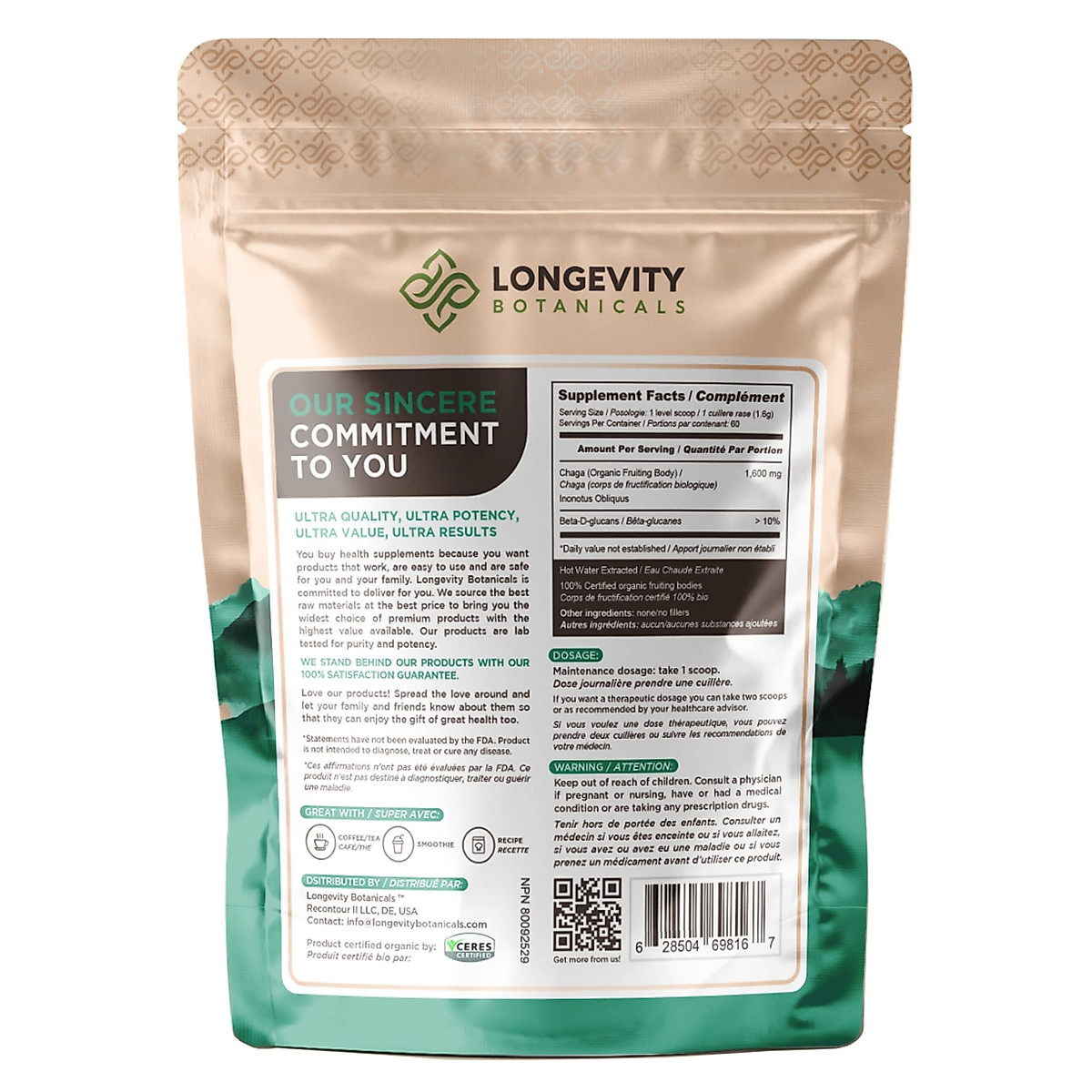 Longevity Botanicals Organic Chaga Mushroom Powder - Ultra Concentrated Supplement - Promotes a Balanced Immune System, Relaxation, Stress Relief and Improved Sleep - 100 Grams
