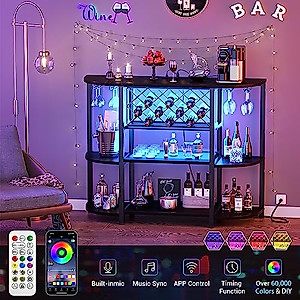 Unikito 4-Tier Metal Coffee Bar Cabinet with Outlet and LED Light, Freestanding Floor Bar Table for Liquor with Glass Holder and Wine Storage, Wine Table Bakers‘ Rack for Kitchen Dining Room, Black