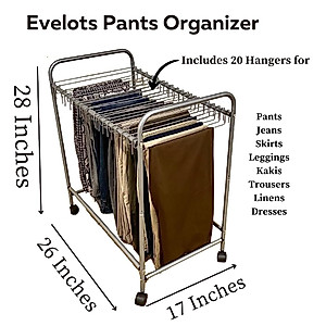 Evelots Pants Rack with 20 Pants Hangers Rolling Trolley-Skirt Hangers, Jean Organizer for Closet