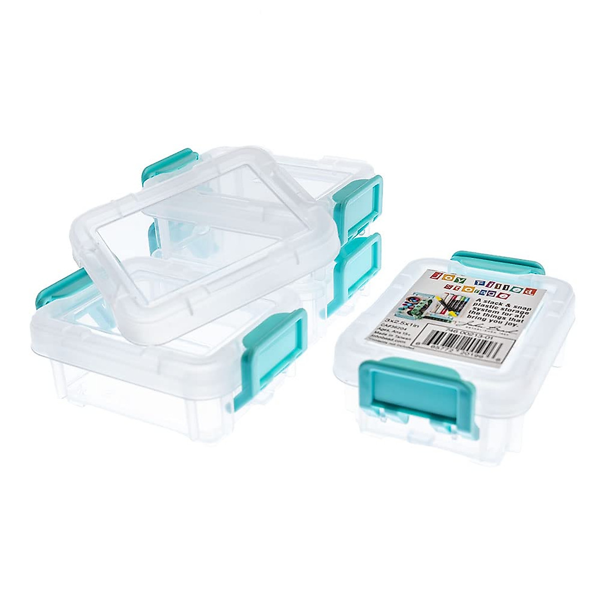 Joy Filled Storage - 4 Clear Stackable Containers 4 lids Each (3x2.5x1in) - with Turquoise Detail for Craft, Ideal for Food Storage and Organizing Containers