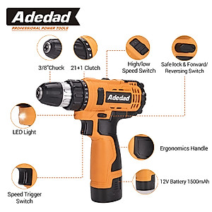 Adedad 12V Cordless Drill Set Electric Power Drill Kit with Battery and Charger, 3/8 Inch Keyless Chuck,21+1 Position, 2 Variable Speed, LED Light and 42pcs Accessories