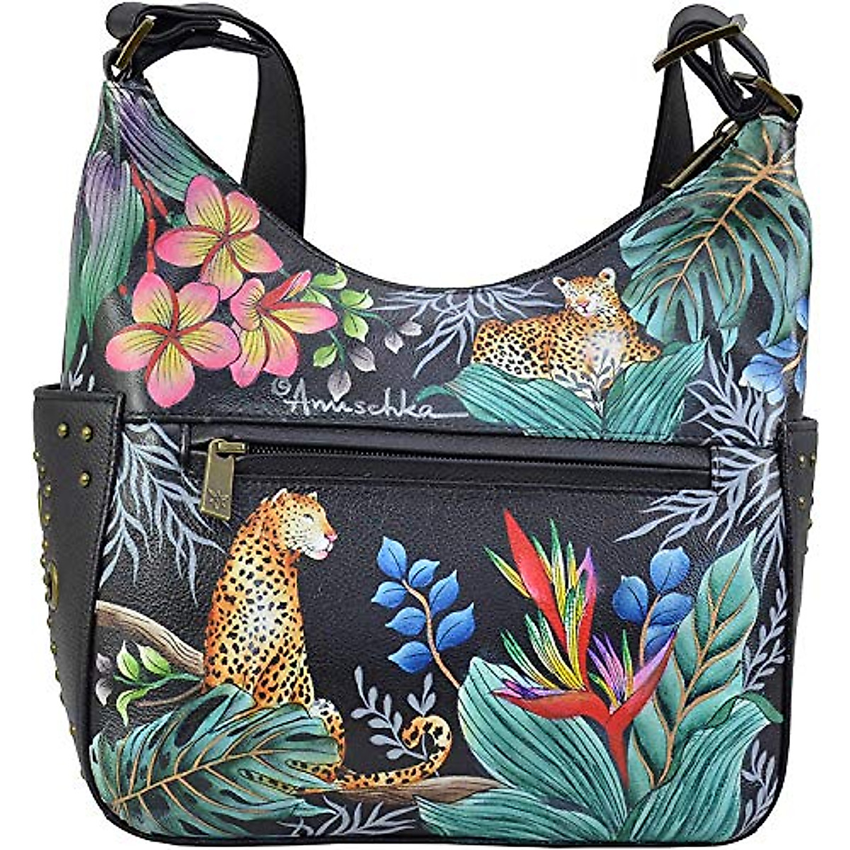 Anuschka Women's Hand-Painted Genuine Leather Classic Hobo With Studded Side Pockets - Jungle Queen