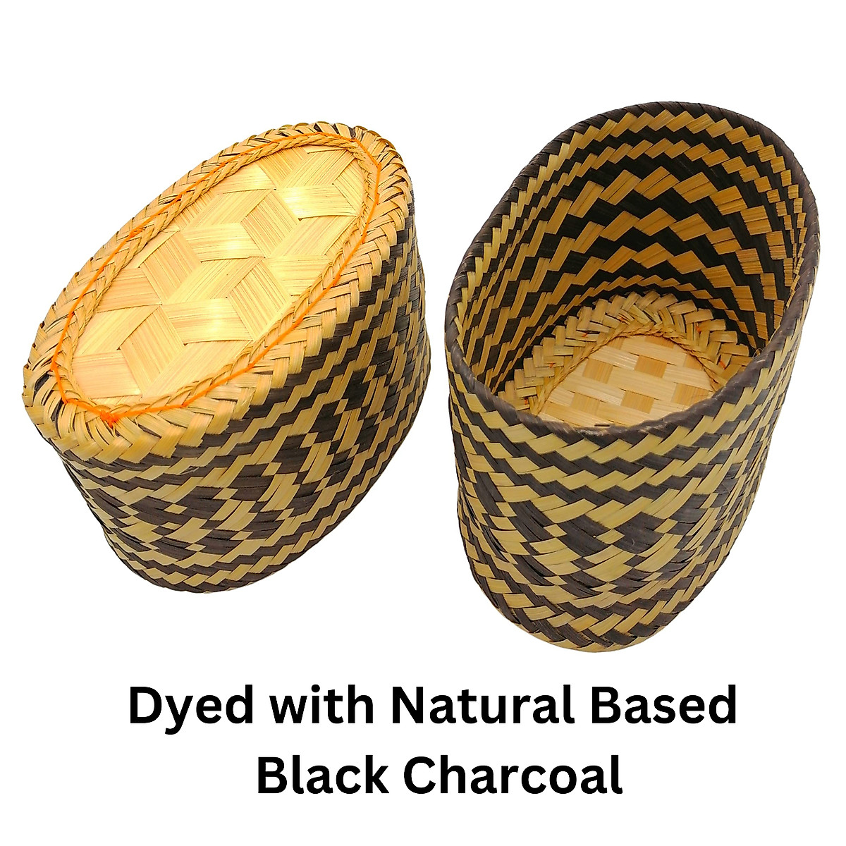 Bamboo Sticky Rice Serving Basket 6 x 3.7 Inch, Kratip, Intricately Woven Container, Oval-Shaped Pattern, Thailand Handmade, Dyed with Natural Based Black Charcoal (Mini Heart) (Double Square)