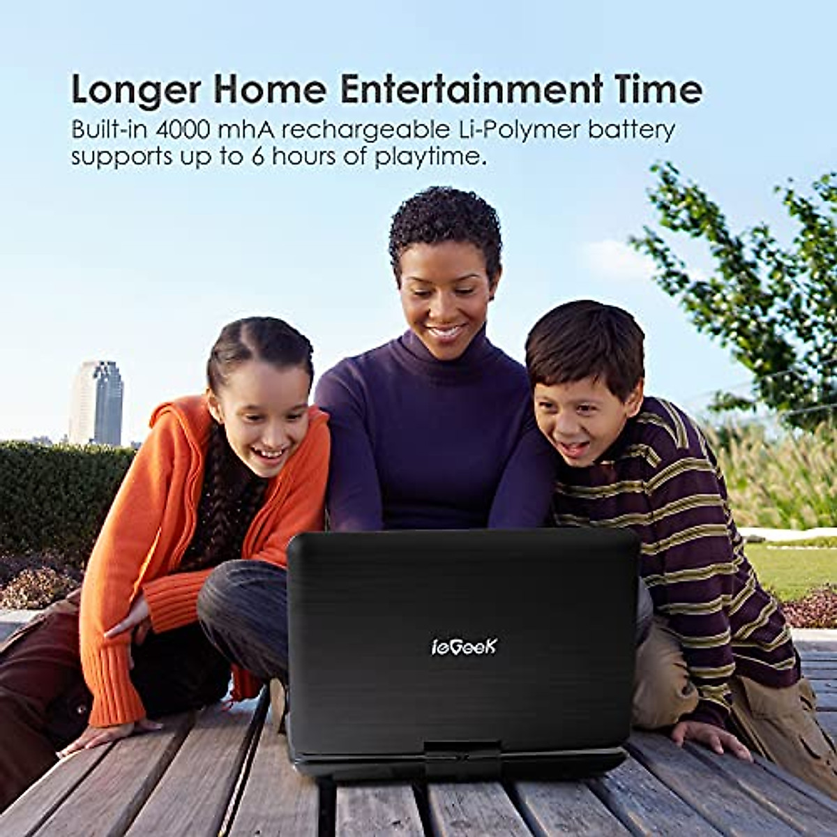 𝐢𝐞𝐆𝐞𝐞𝐤 16.9'' Portable DVD Player with 14.1''Swivel Screen, 6 Hrs Rechargeable Battery, Car Travel DVD Player for Kids, Sync TV, Region Free, Support USB/SD Card, Car Charger, Black