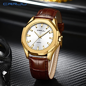 CRRJU Men's Golden Fashion Luxury Classical Leather Watches for Men Business Simple Luminous Analog Quartz Wristwatches