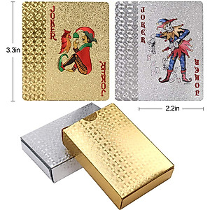 Joyoldelf 2 Decks of Playing Cards, 24K Foil Waterproof Playing Cards & Flexible Poker Cards with Box - Classic Magic Tricks Tool for Party, Game and Cardistry, 1 Gold + 1 Silver