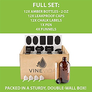 VINEVIDA 8 oz Amber Glass Bottles - 12 Pack Amber Boston Glass Bottles With Poly Cap and Accessories - Chalk Labels, Funnels - Empty Tincture Bottles for Essential Oils, Lab Chemicals, and Perfumes