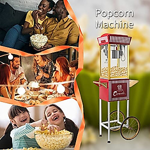 Cornrush Popcorn Maker Professional Cart Retro Classic Popcorn Popper Machine 8 Ounce with Nonstick Kettle for Home Use, Party and Birthday Gift, Red