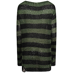 Ro Rox Gothic Knitted Jumper with Distressed Look - Oversized Pullover with Ripped Design, Long Sleeves, Loose Fit, 90s Grunge Style Stripe Pattern, Green, L-XL