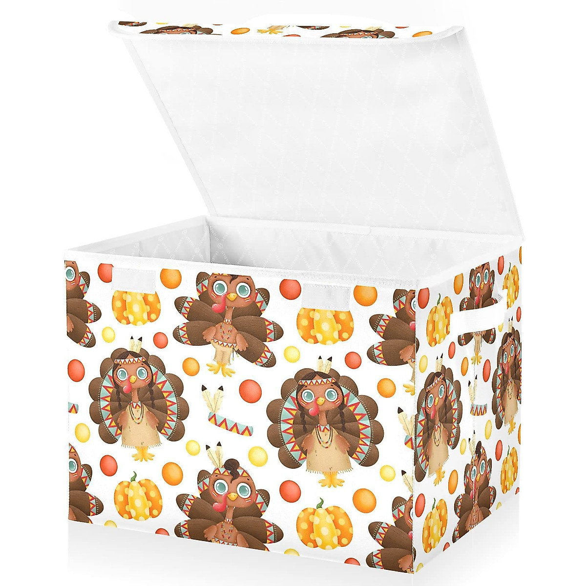 Vnurnrn Tribal Tturkey Collapsible Storage Bin with Lid, Foldable Storage Basket Cube for Clothes Toys 16.5×12.6×11.8 IN