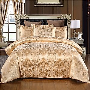 Dencalleus Jacquard Satin Duvet Cover 3 Piece Set Reversible Luxury Double Brushed Microfiber Ultra Soft King Size Silk Like Floral Bedding Comforter Covers Zipper Closure and 2 Pillow Shams Gold