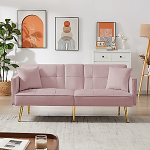 P PURLOVE Convertible Futon Sofa Bed for Living Room, Velvet Sofa Bed with Storage Pocket and 2 Pillows, Sleeper Sofa Couch with Adjustable Back for Office, Bedroom, Pink