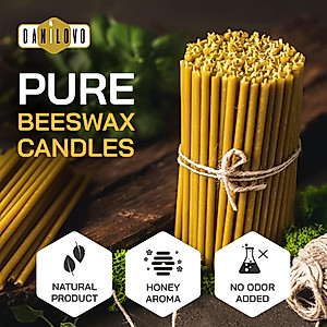 Danilovo Pure Beeswax Candles - No-Drip, Smoke-Less, Tall, Thin Taper Candles – Decorative Candles for Church Prayer, Decor or Birthday Candles – Honey Scented Candles – 7.3”x0.24” (Yellow, 50pcs)