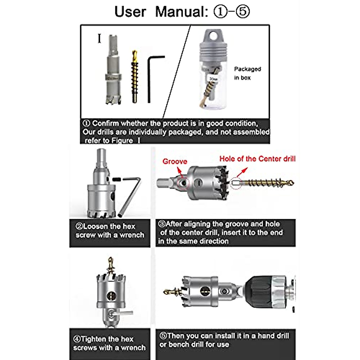 ASNOMY 8PCS Large TCT Hole Saw Kit for Hard Metal, 5/8"-2-3/8" (16-60mm) Carbide Tipped Hole Saw Hole Cutter with Titanium-Plated Pilot Drill bit for Metal, Stainless Steel, Iron, Wood, Plastic