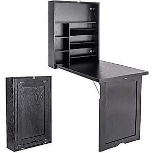 Nightcore Wall Mounted Table w/Classified Storage Space, Foldable Multiple-Purpose Desk, Sturdy Wood Structure, Floating Convertible Desk/Cabinet for Apartment, Narrow Place and Limited Room (Black)