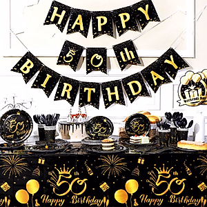 TaoBary 170 Pieces 50th Birthday Party Supplies Disposable Dinnerware Set with Plates Napkins Cups Banner 50th Birthday Tablecloth Black and Gold Party Decoration for Men and Women, Serves 24